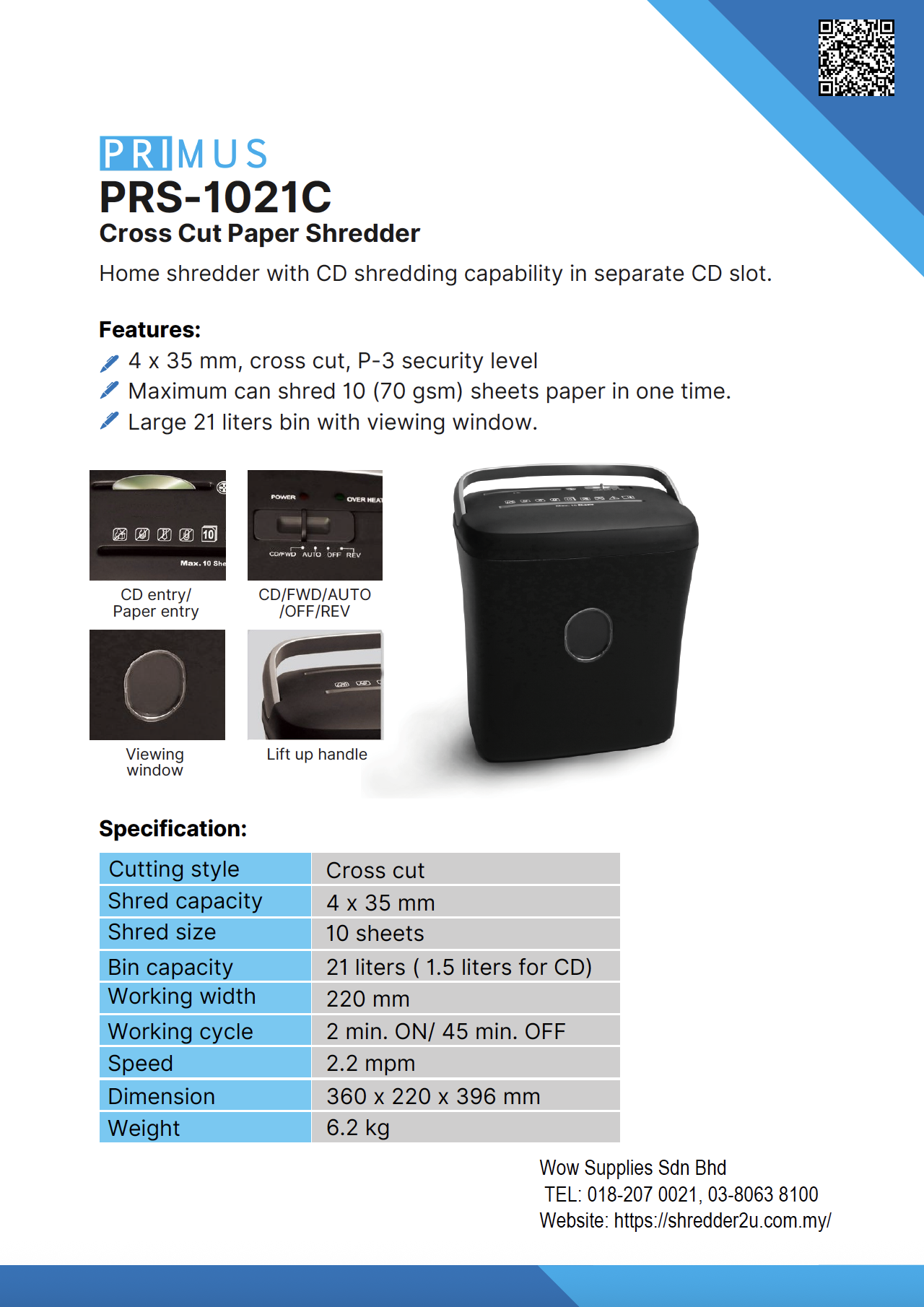 Primus PRS-1021C Paper Shredder (Cross Cut) - WOW Supplies Sdn. Bhd.